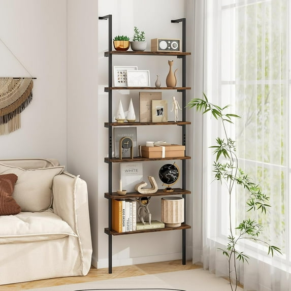 SSB Industrial 6-Tier Bookshelf, 72" Tall Wall Mounted Ladder Shelf ...