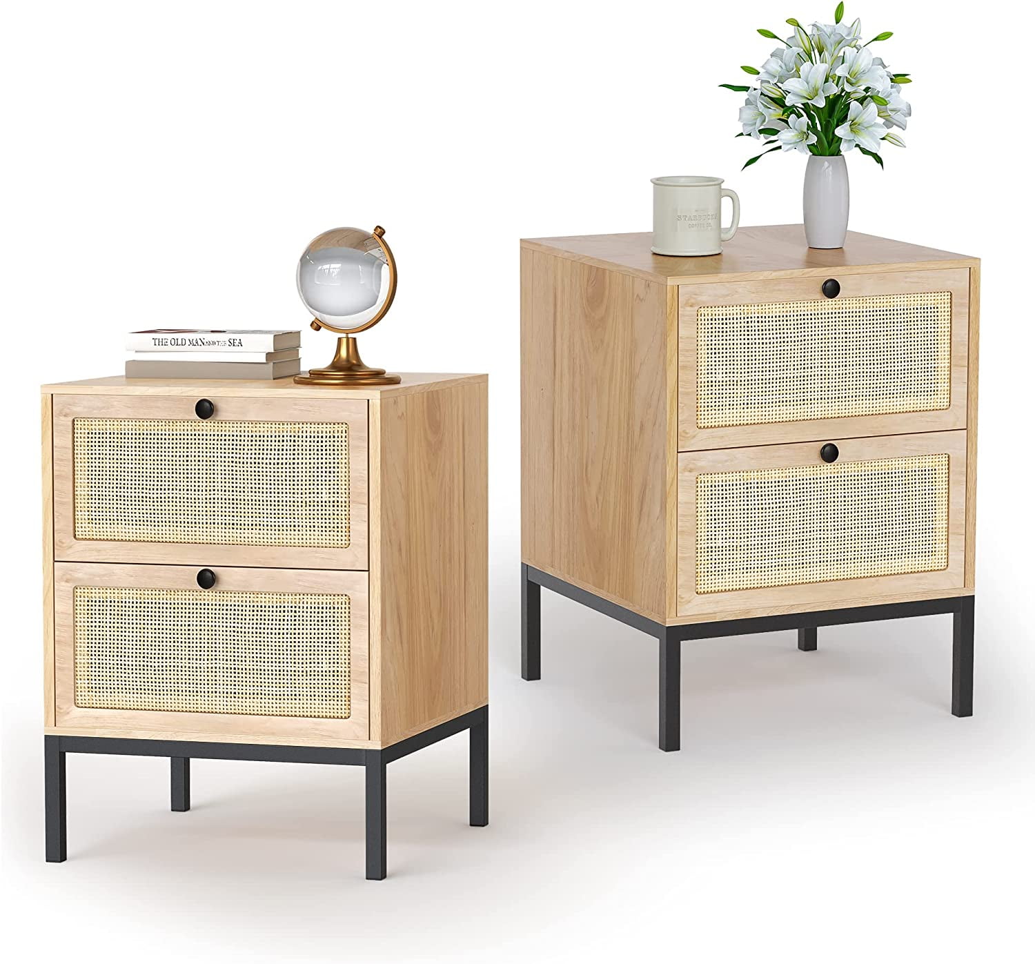 SSB Rattan Nightstand Set of 2, Boho Bedside Table with Natural Rattan ...