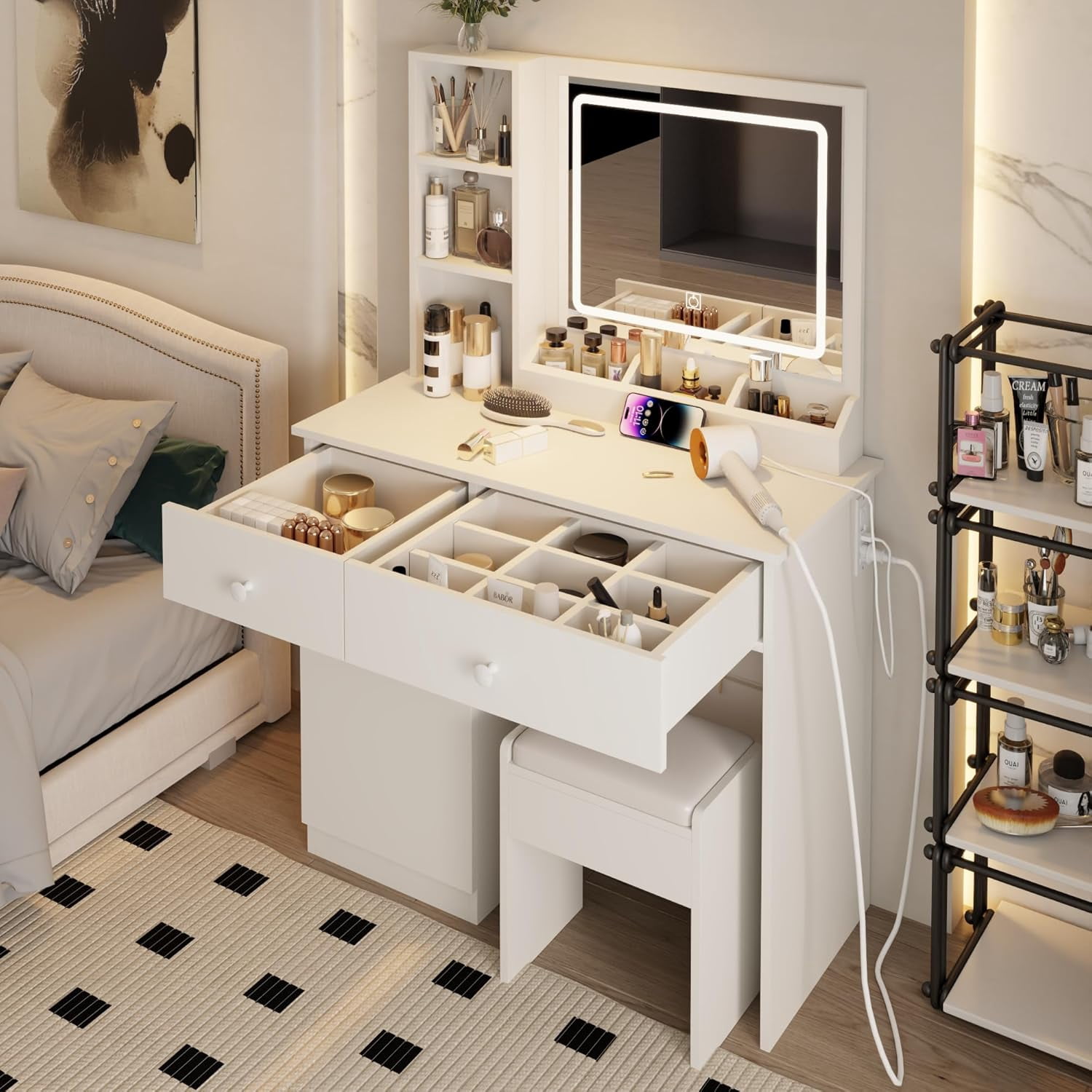 SSB Vanity Set with Mirror and Stool and Lights, with Power Outlet ...