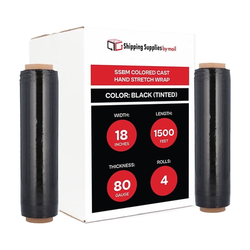 SSBM Cast Hand Stretch Wrap 18" x 1500' 4 Rolls 80 Gauge Plastic Black ...