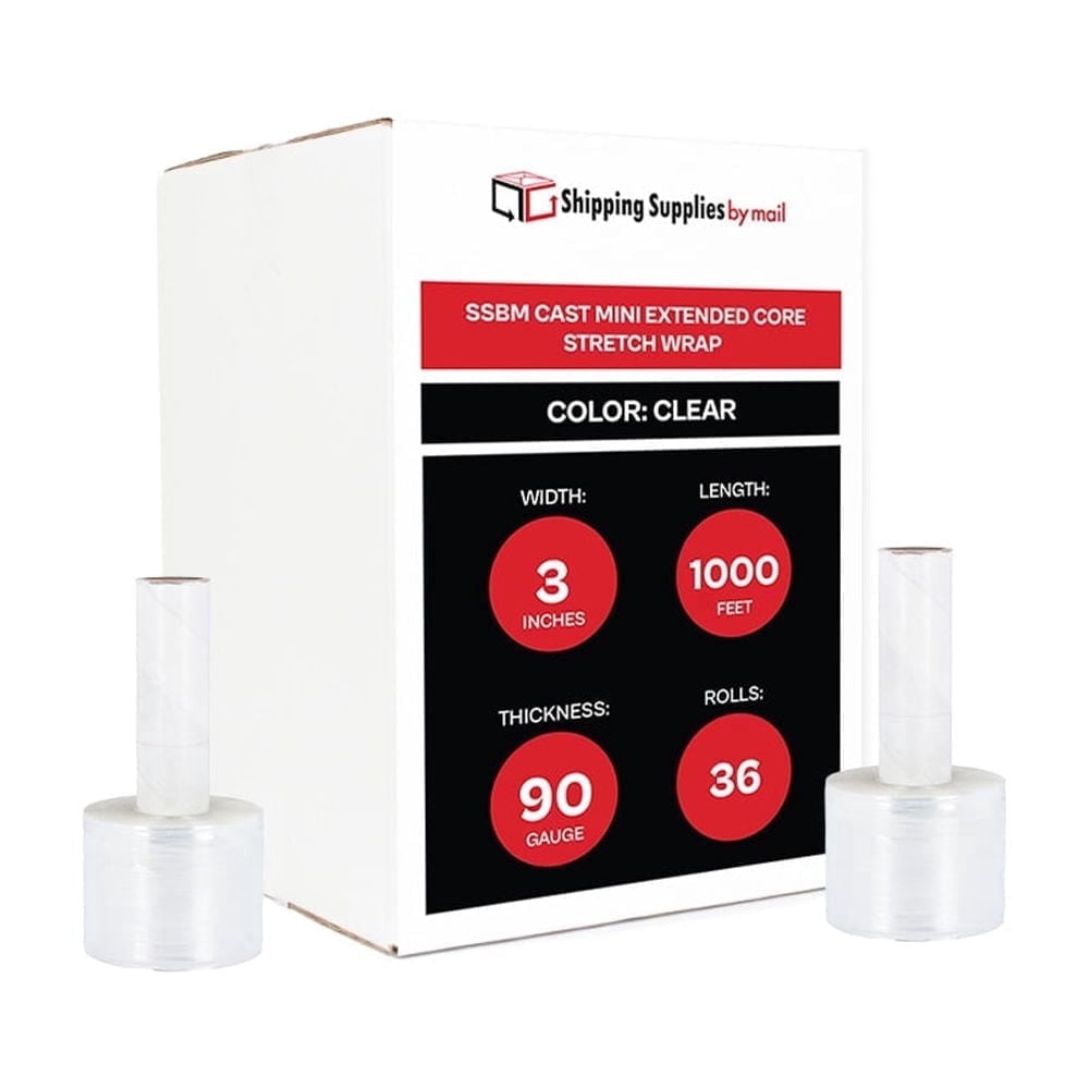 SSBM Mini Hand Stretch Wrap with Extended Core 3" x 1000' 36 Rolls 90 ...