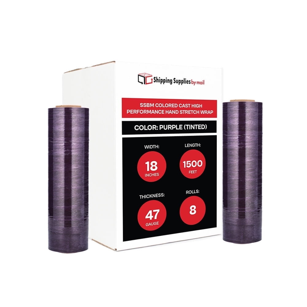 SSBM Hand Stretch Wrap 18" x 1500' 8 Rolls 47 Gauge Purple Tinted Shrink Film for Pallet ...