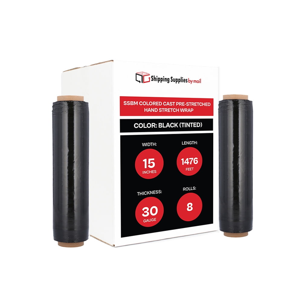 SSBM Pre-Stretch Wrap 15" x 1476' 8 Rolls 30 Gauge Black Plastic Tinted ...