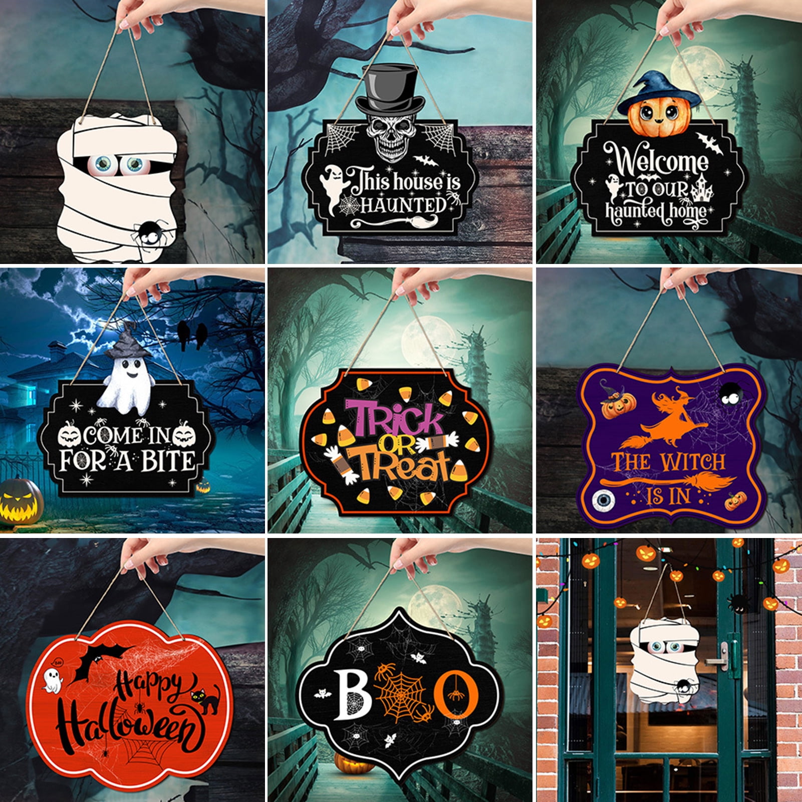 SSBSM Hanging Plaque Realistic Wooden Halloween Witch Bat Ghost Pumpkin ...