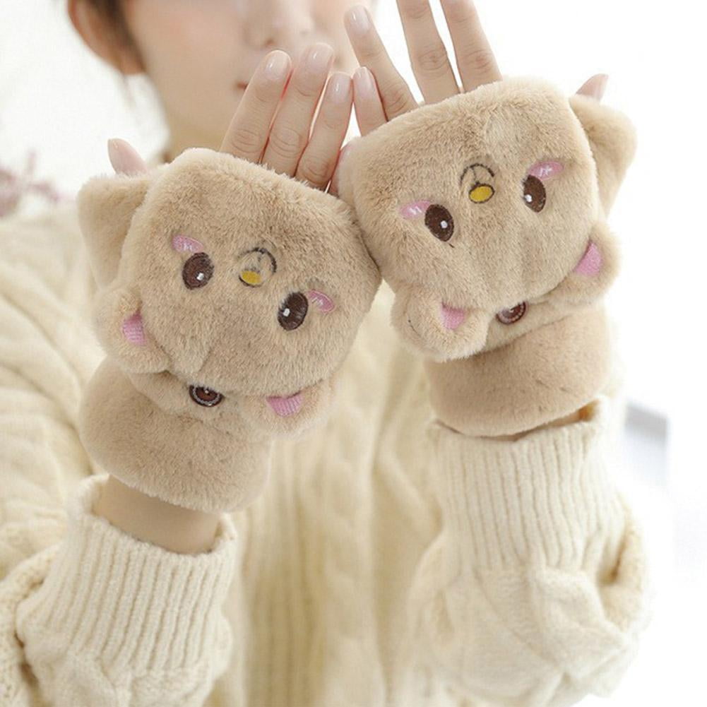 SSKFHGI 2024 New Cute Knit Mittens Plush Fingerless Gloves Flip Half ...