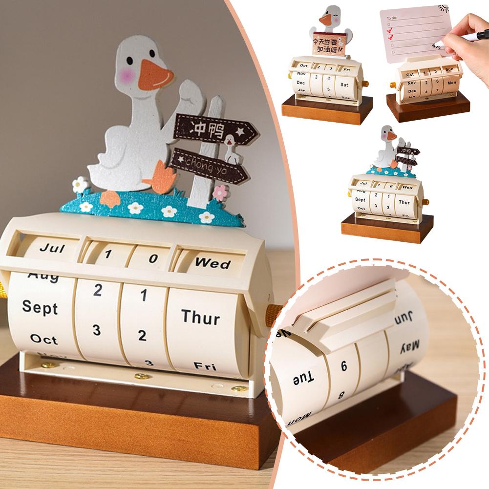 SSKFHGI 2025 Wooden Rotary Perpetual Desk Calendar Home Decor Rush Duck ...