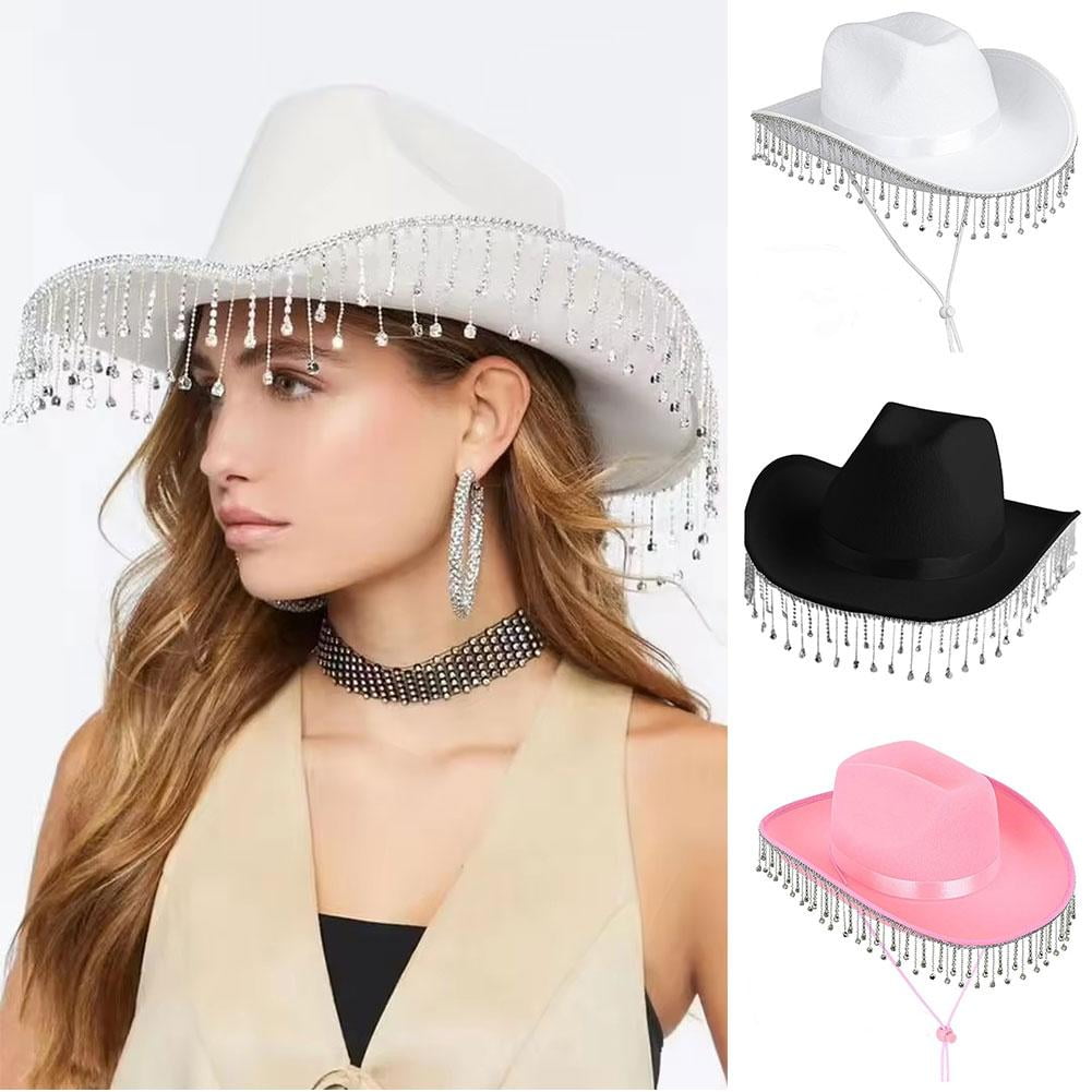 SSKFHGI Black Rhinestone Cowboy Hat White Rhinestone Tassel Cowboy Hat ...