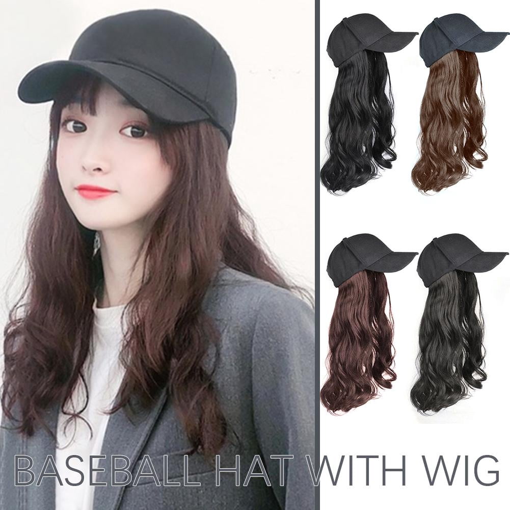 SSKFHGI Curly Hair + Natural Black Ladies All-In-One Hat Wig Baseball ...