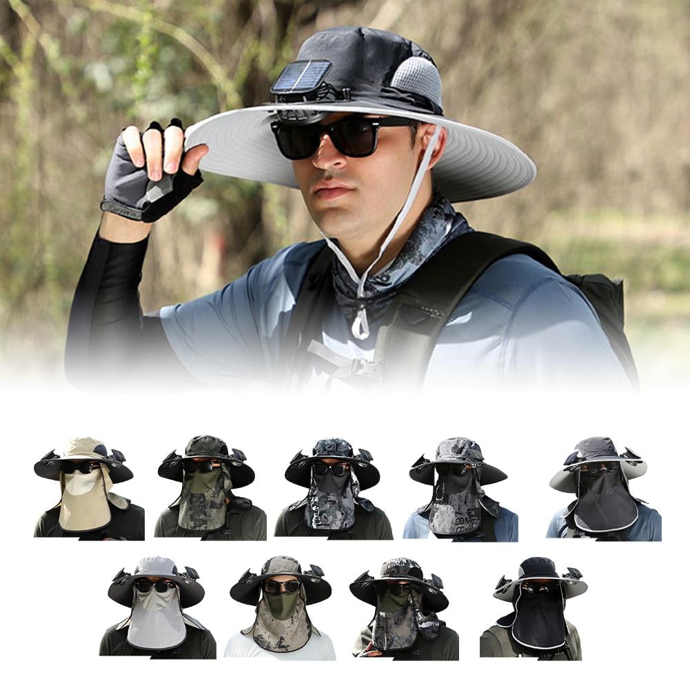 SSKFHGI Dark Gray + Two Fans Solar Fan Hat Outdoor Wide Brim Sun Hat ...