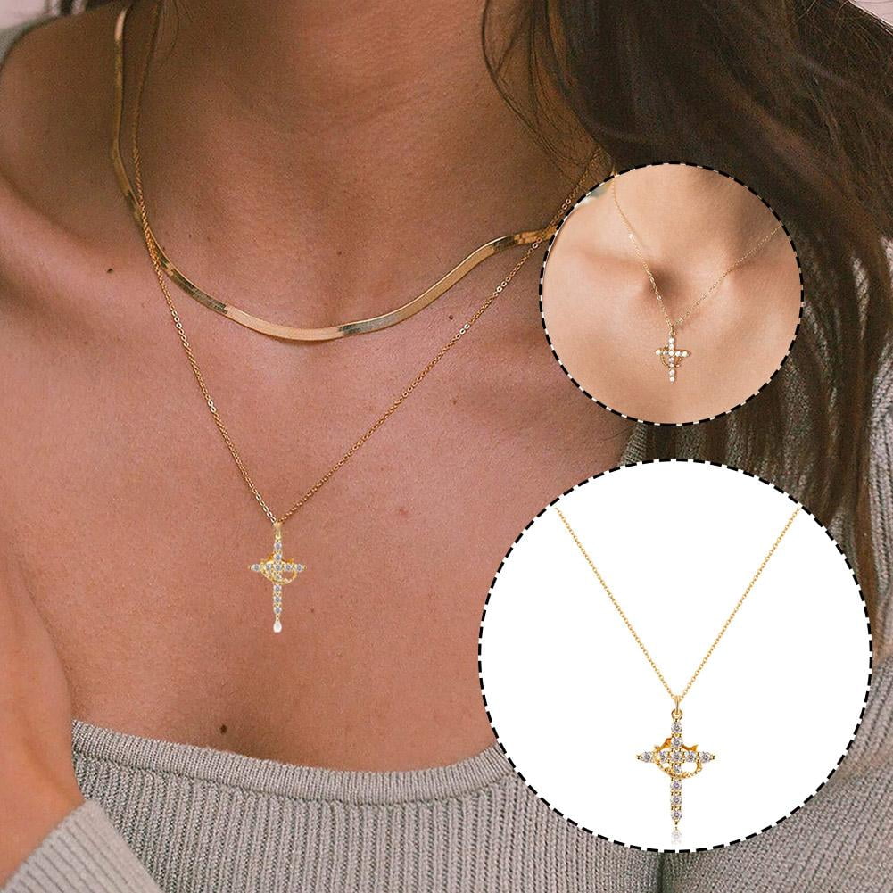 SSKFHGI Rotating Crown Gold Crown Necklace Rotating Circle Cross Zircon ...