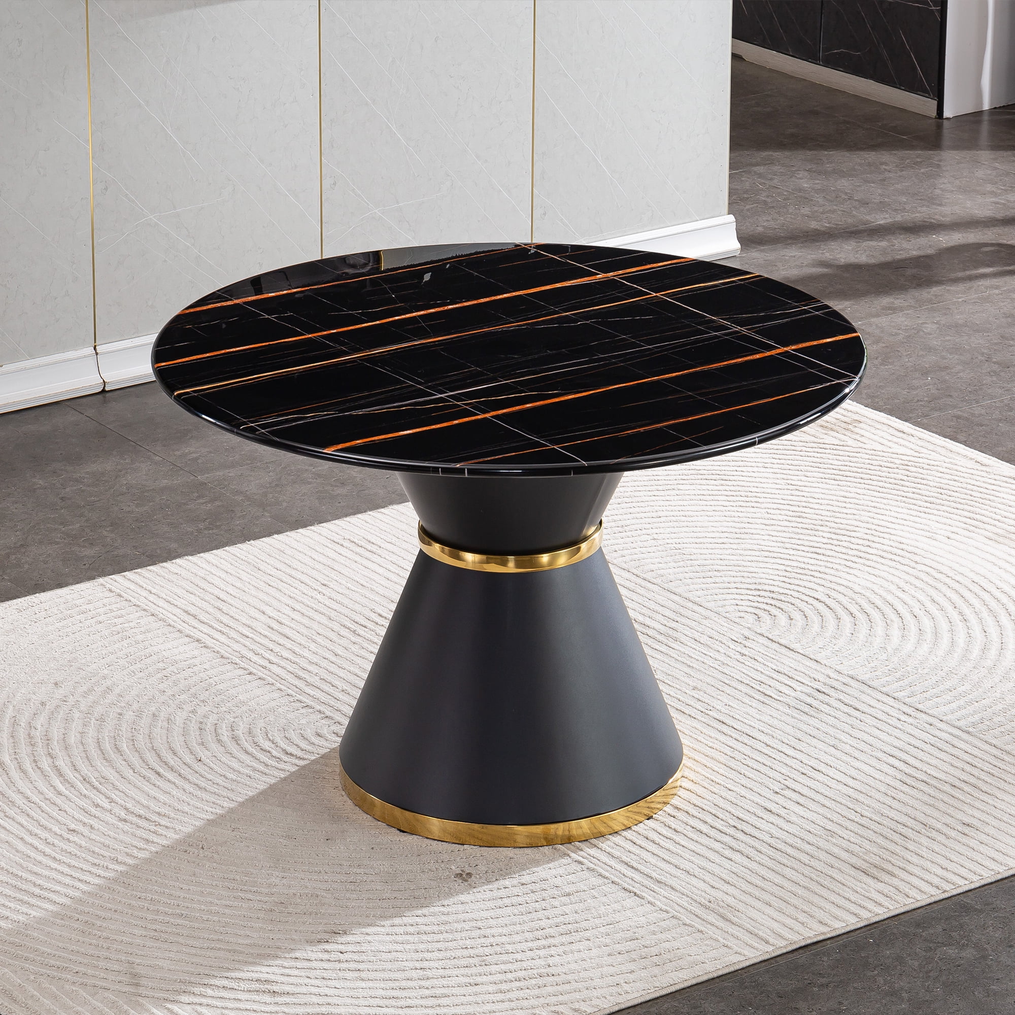 SSLINE Black Marble Printed MDF Round Dining Table, Black Columnar Base ...