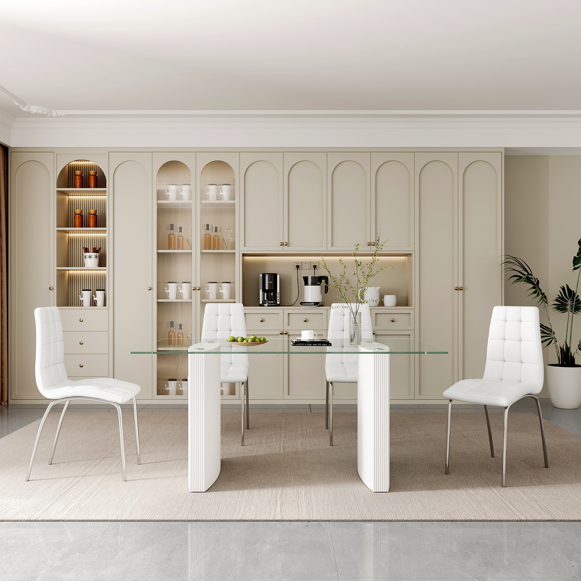 SSLINE Dining Table with 0.39" Thick Tempered Glass Top and White ...