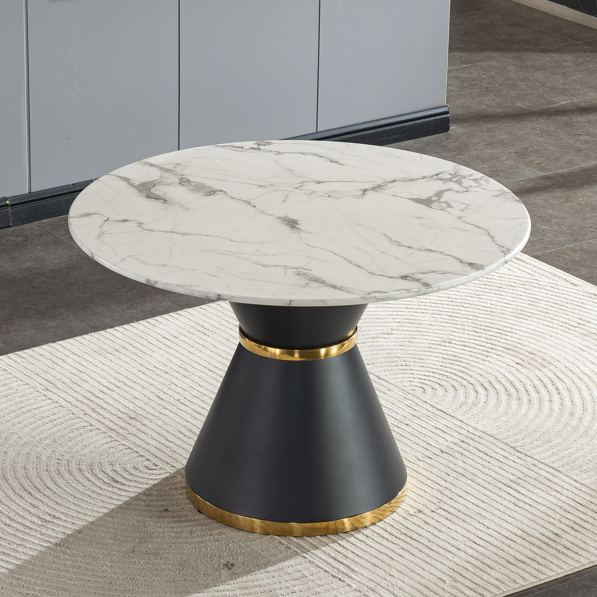 SSLINE White Marble Printed MDF Round Dining Table, Black Columnar Base ...