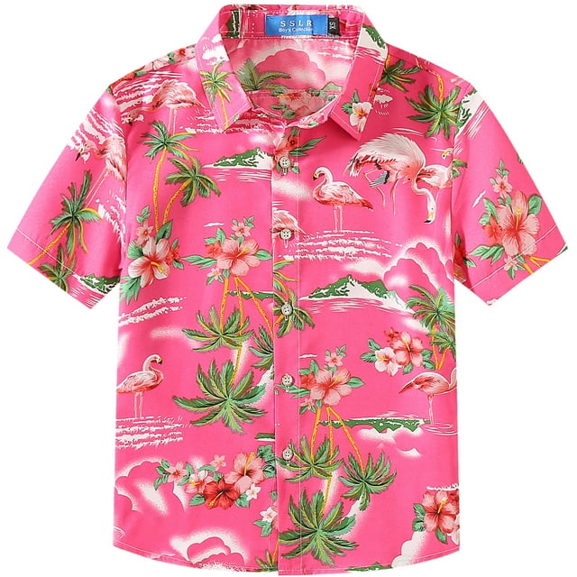 SSLR Big Boys Flamingos Hawaiian Shirt Button Down Shirt Short Sleeve Luau Shirt for Kids ...