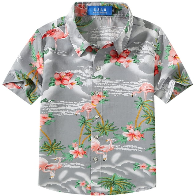 SSLR Big Boys Flamingos Hawaiian Shirt Button Down Shirt Short Sleeve Luau Shirt for Kids ...