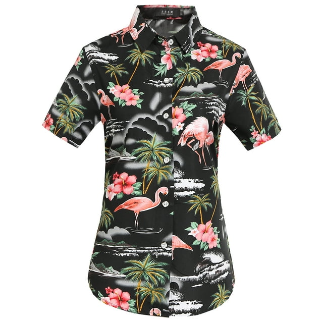 SSLR Hawaiian Shirt for Women Flamingo Short Sleeve Casual Button Down ...