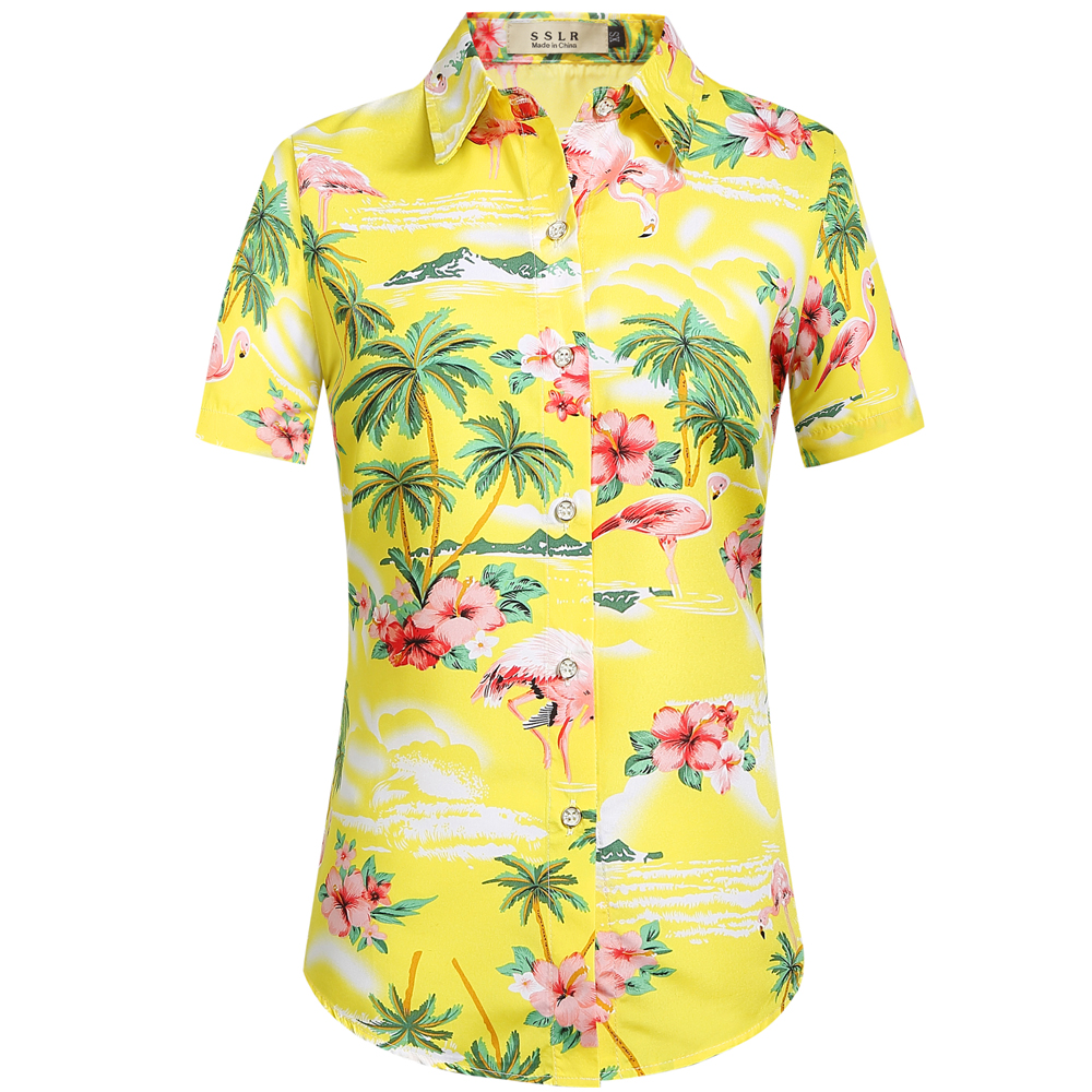 Hawaiian Shirt 43w Women Allover Aloha Beach Camp Swim Top Blouse Blue