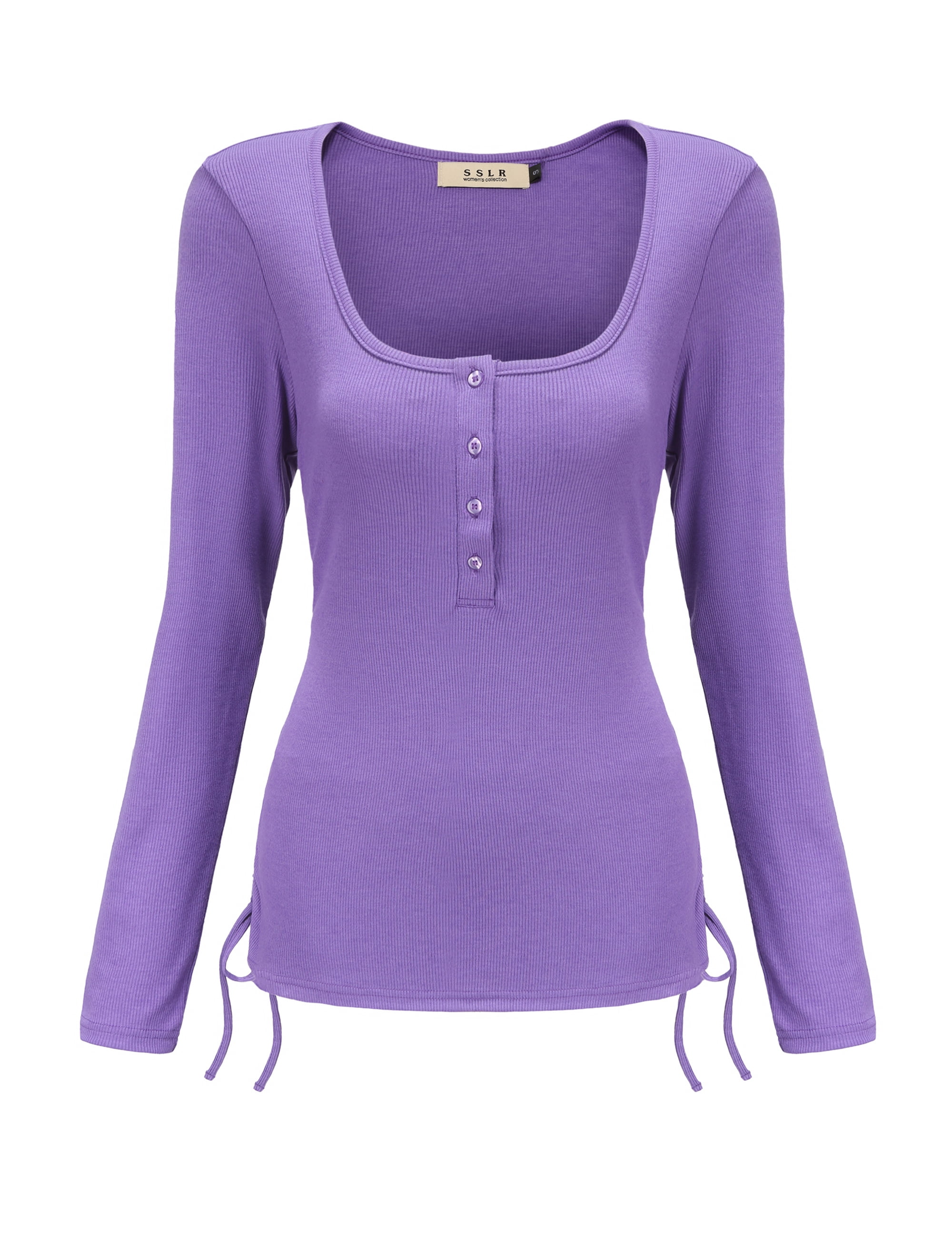 SSLR Everyday Polyester Spandex Slim Fitted Long Sleeve T-Shirts for Women, Square Neck Casual ...