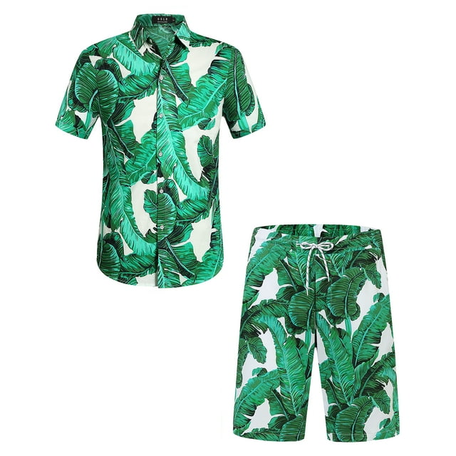 Sslr Men Hawaiian Shirt Shorts Suits Casual Short Sleeve Button Down