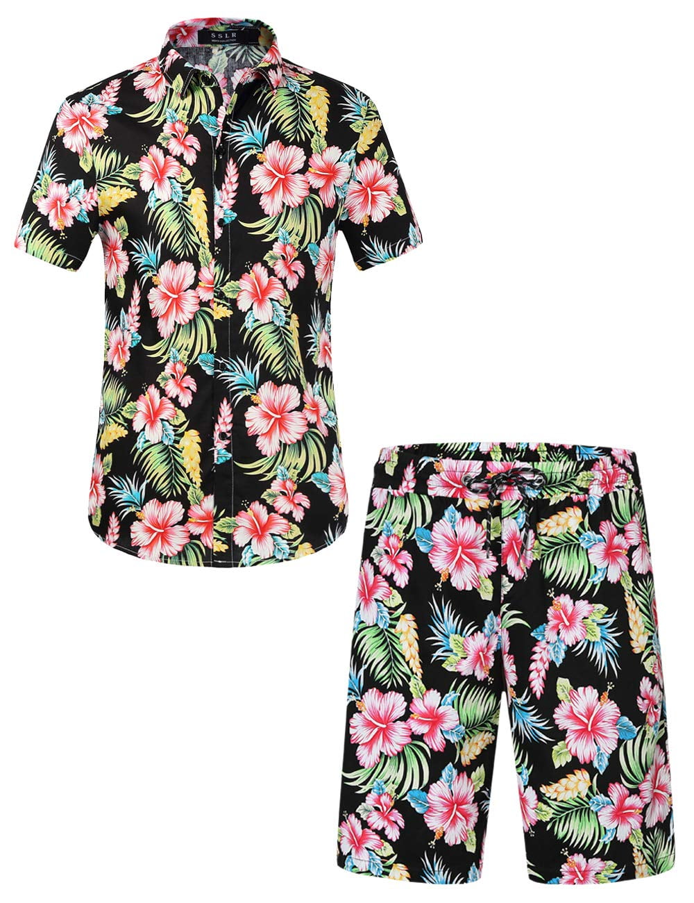 SSLR Men's Tropical Hawaiian Cotton Print Shirt + Shorts Suits Casual ...