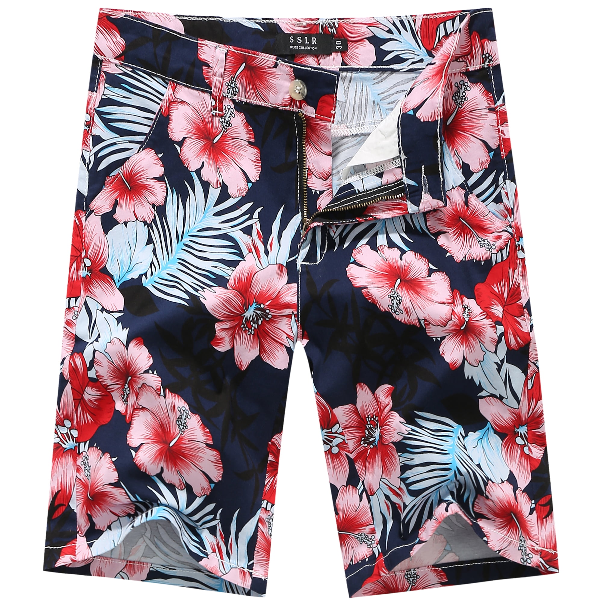 SSLR Mens Shorts Casual Cotton Floral Hawaiian Shorts Beach Shorts ...