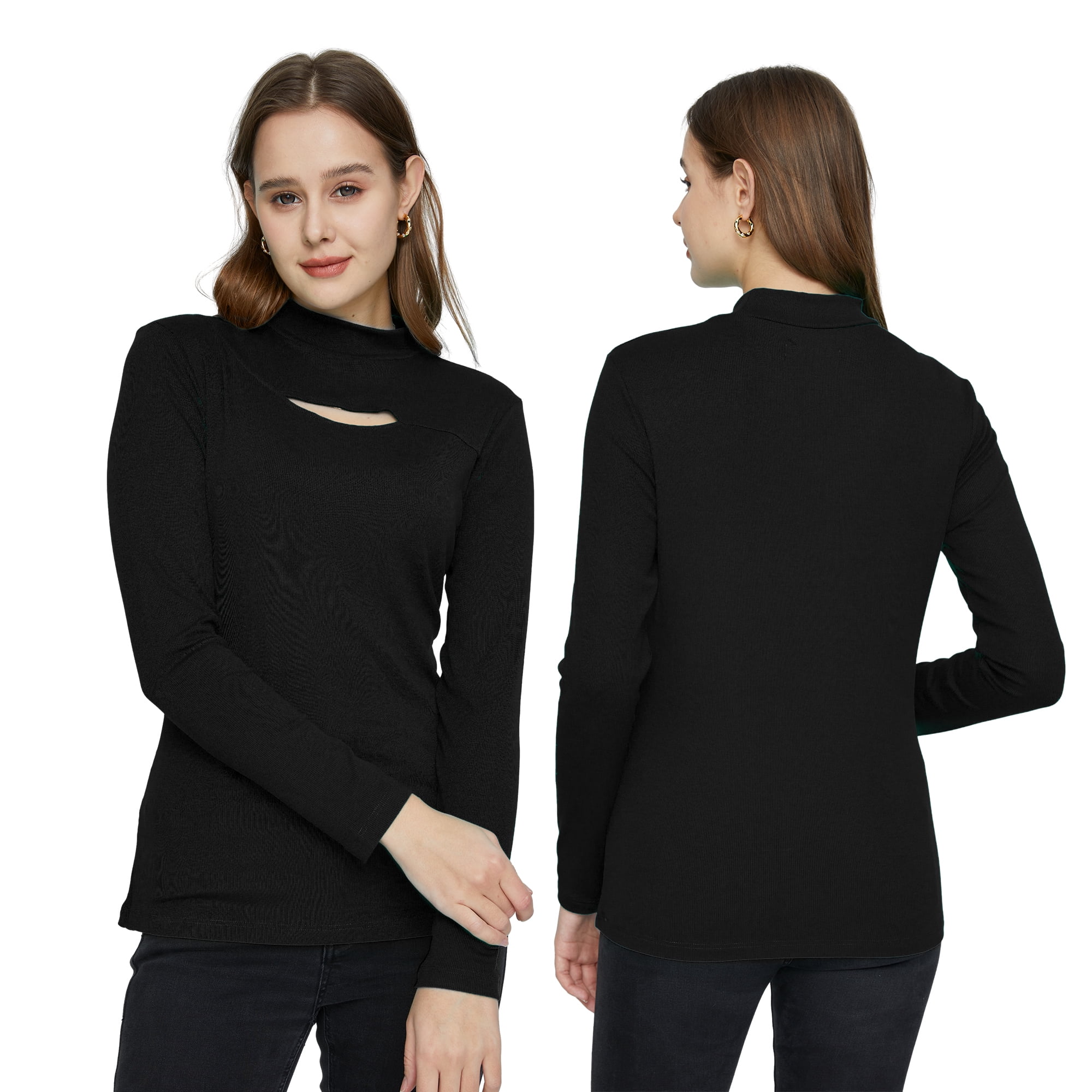 SSLR Mock Neck Tops for Women Long Sleeve T Shirts Cut Out Ribbed Turtleneck Stretchy - Walmart.com