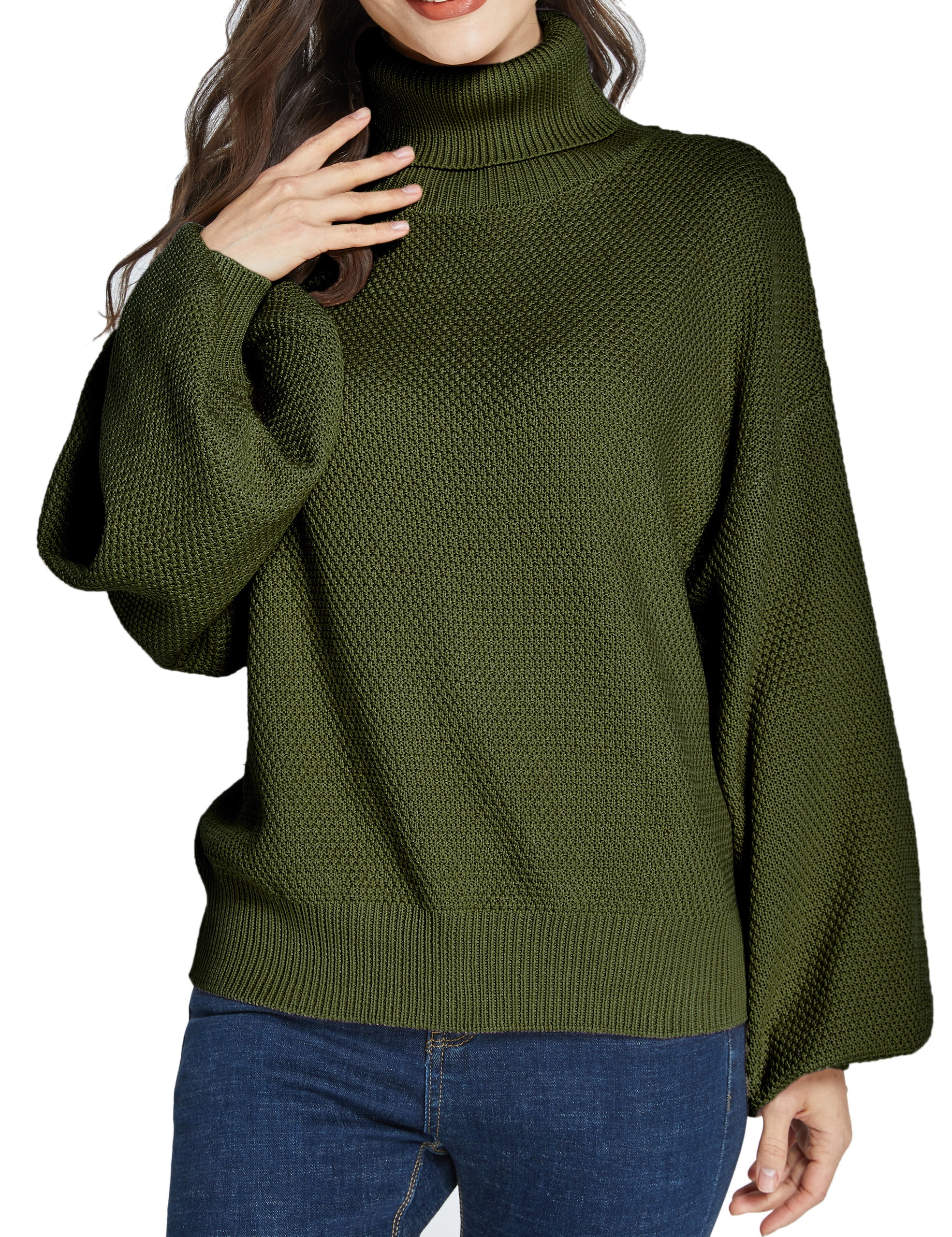 SSLR Oversized Sweaters for Women Turtleneck Sweater Drop Shoulder Knit Long Lantern Sleeve ...