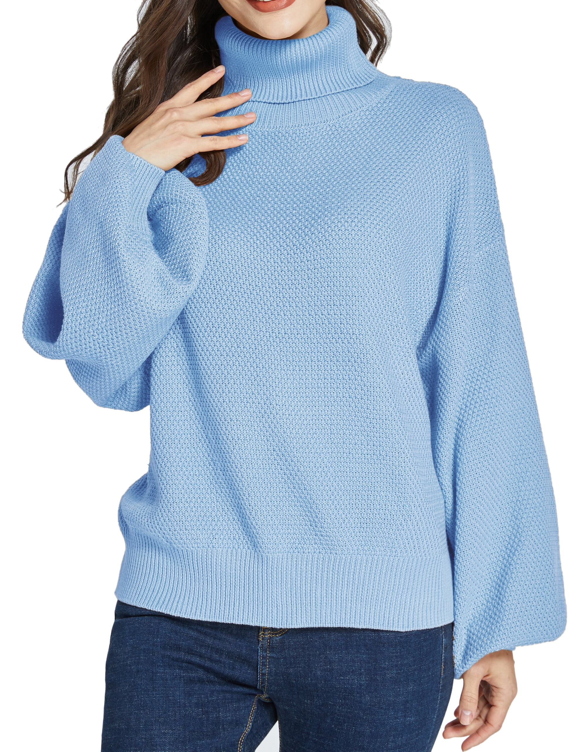 SSLR Oversized Sweaters for Women Turtleneck Sweater Drop Shoulder Knit Long Lantern Sleeve ...