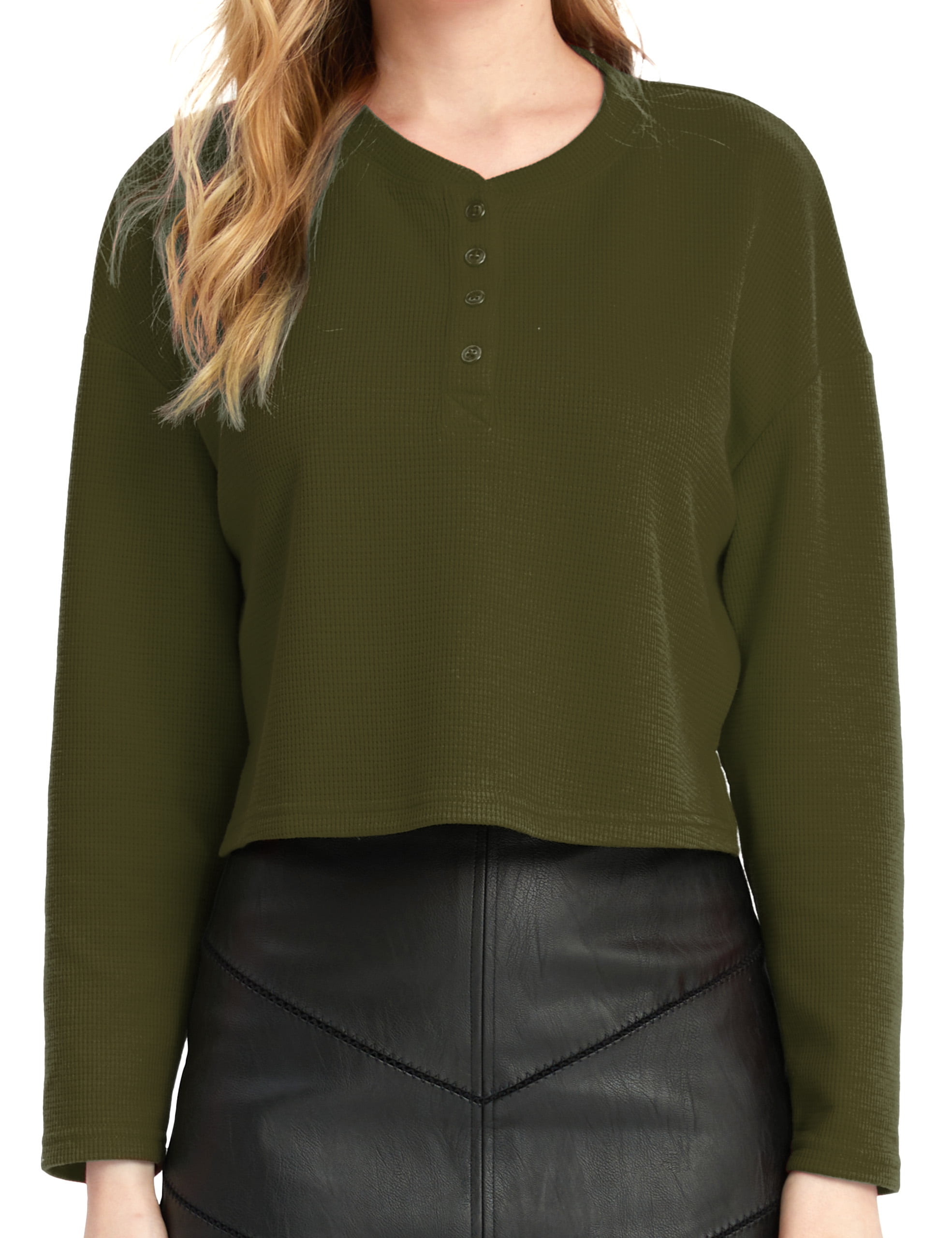 SSLR Oversized T-Shirts for Women Long Sleeve Crop Tops Henry Neck ...