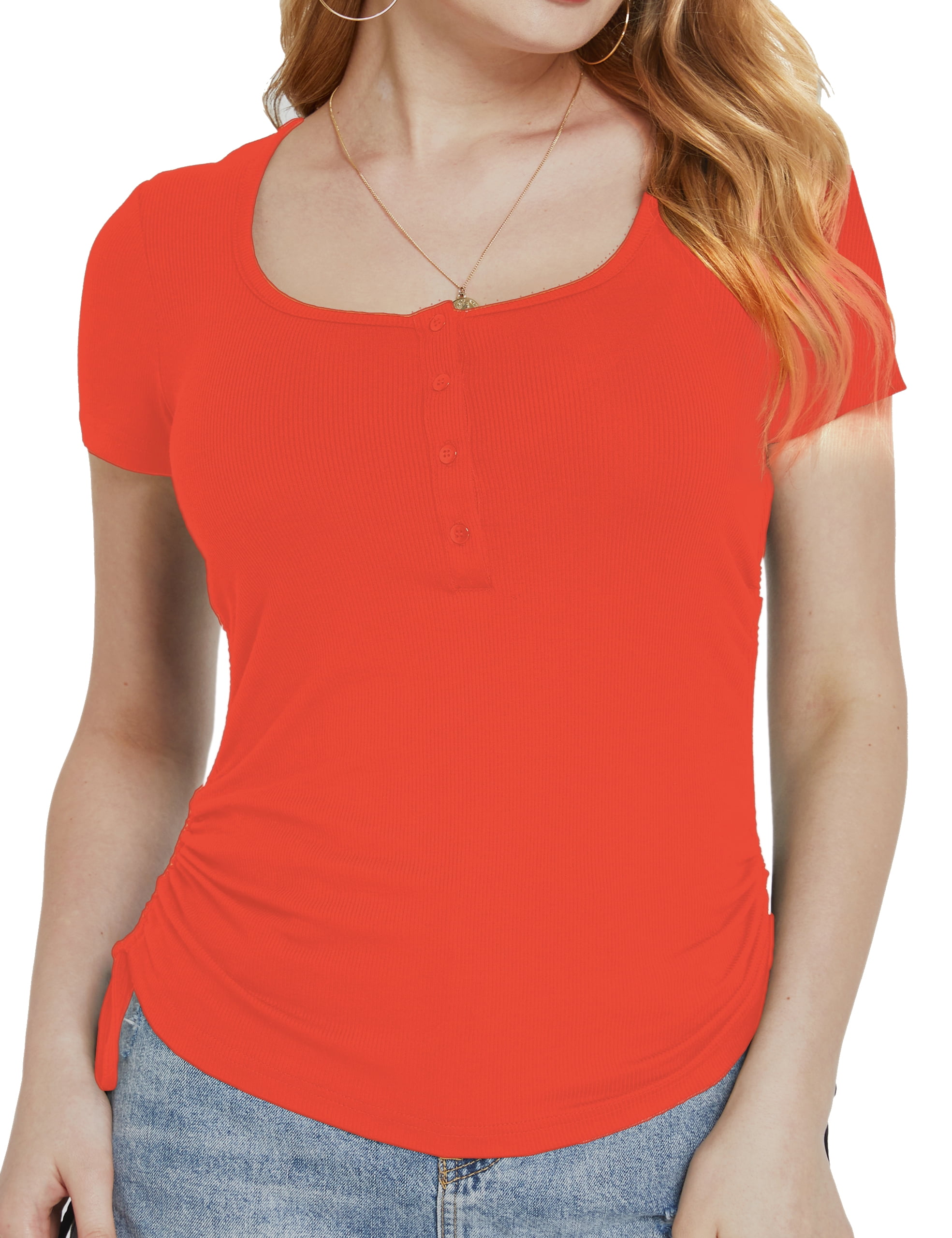 SSLR Square Neck Tops for Women Short Sleeve T-shirt Ribbed Slim Fitted ...