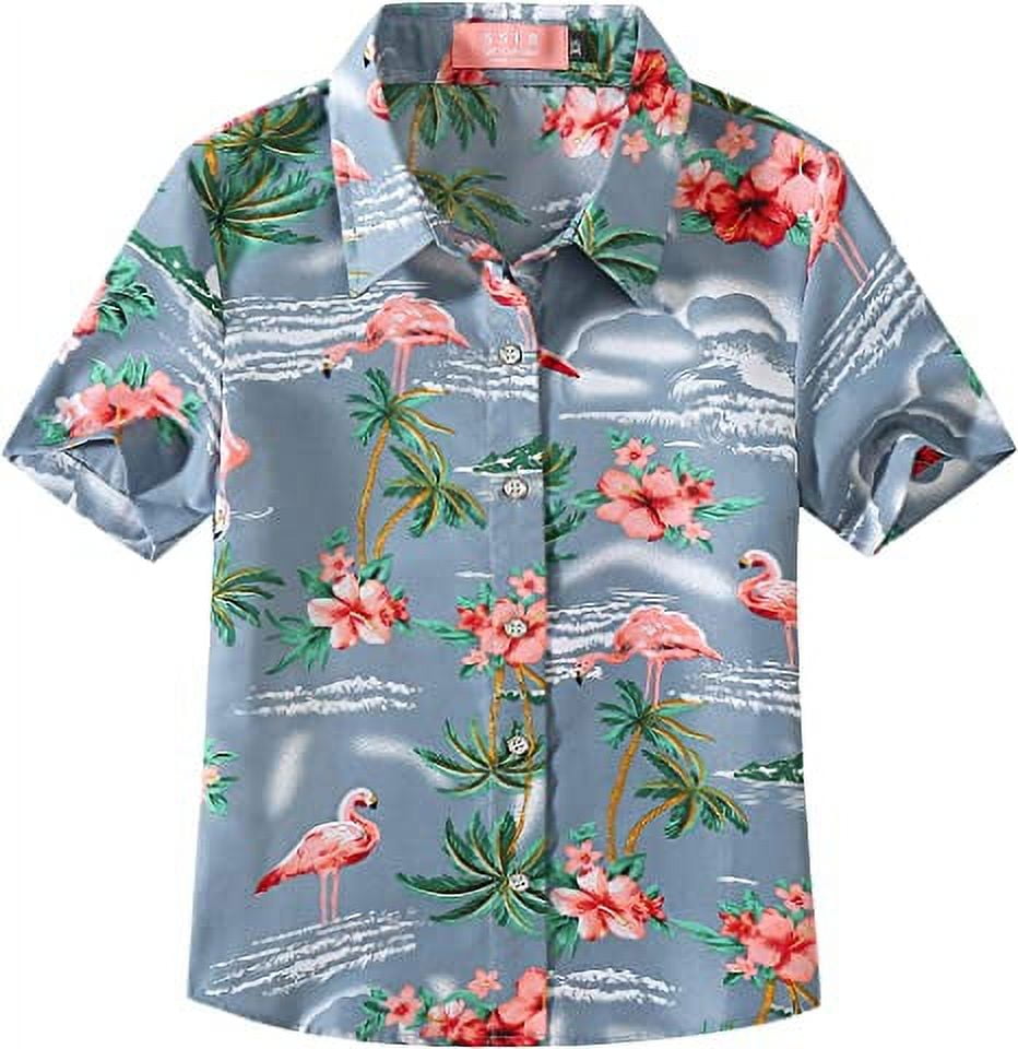 SSLR Youth Big Girls Flamingo Hawaiian Shirt Casual Short Sleeve Button Down Shirt - Walmart.com