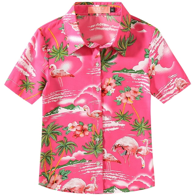 SSLR Youth Big Girls Flamingo Hawaiian Shirt Casual Short Sleeve Button Down Shirt - Walmart.com