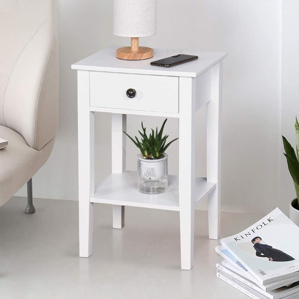 SSLine 25.6" Tall Bedside Table White Wooden One Drawer Night Stand ...