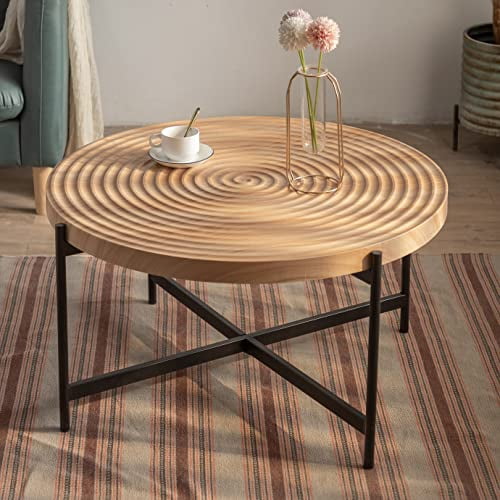 SSLine Boho Round Wood Coffee Table with Thread Pattern Farmhouse ...