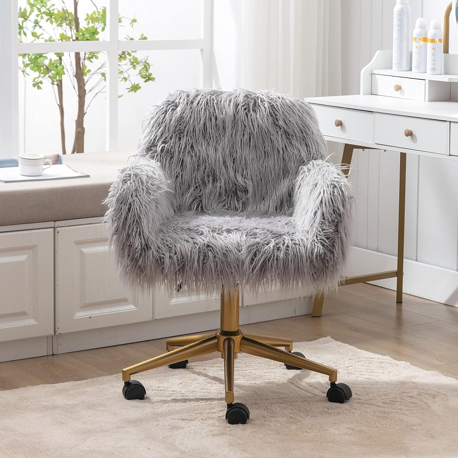 SSLine Faux Fur Vanity Chair Elegant Furry Makeup Desk Chairs for Girls ...