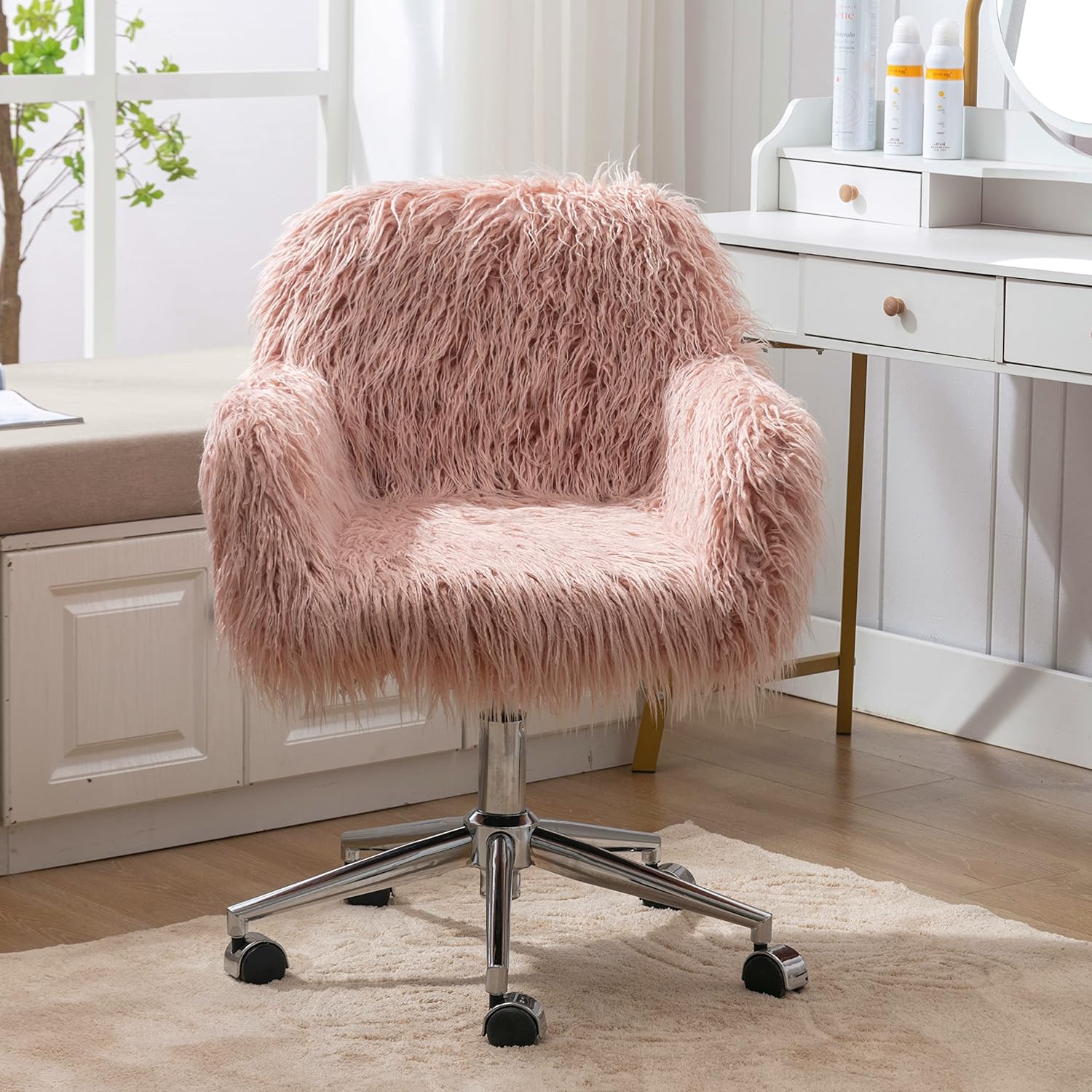 SSLine Faux Fur Vanity Chair Elegant Pink Furry Makeup Desk Chairs for ...