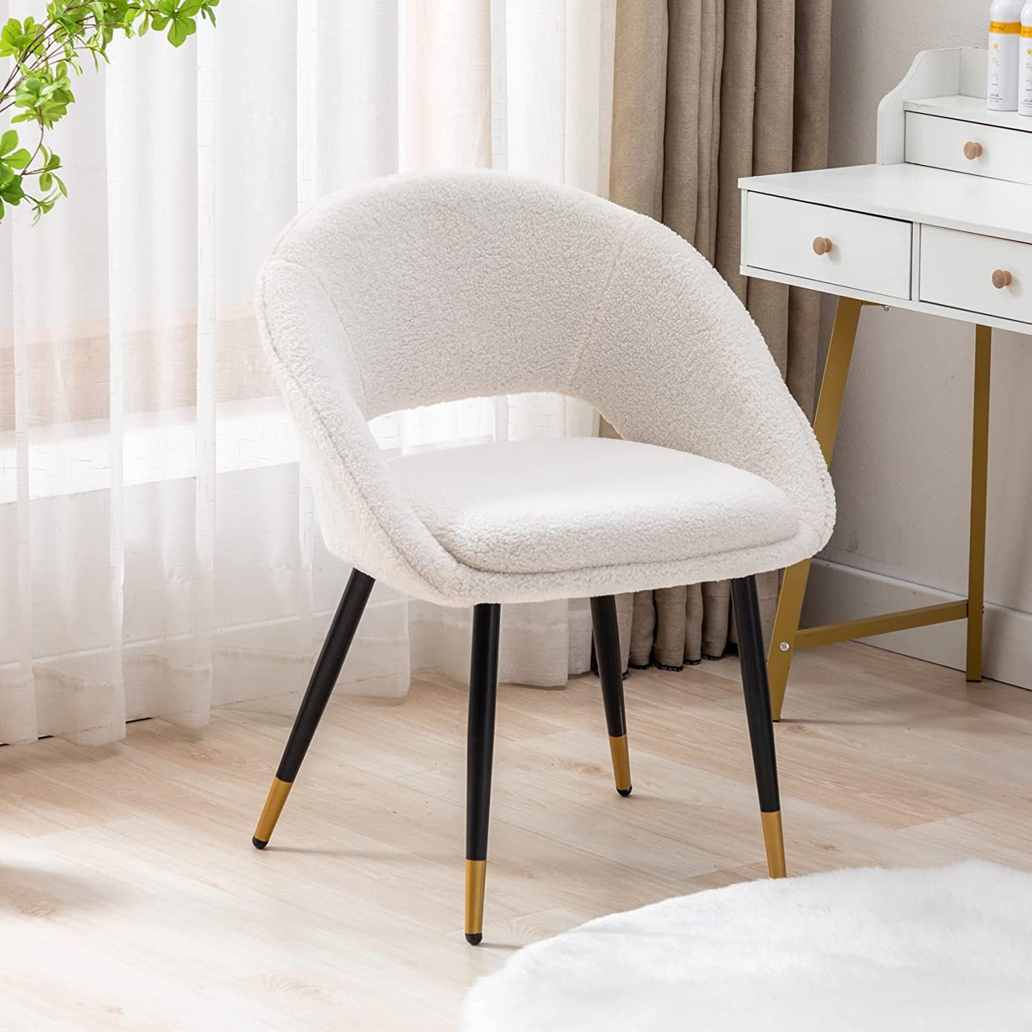 SSLine Faux Fur Vanity Chair Elegant White Furry Makeup Desk Chairs for ...