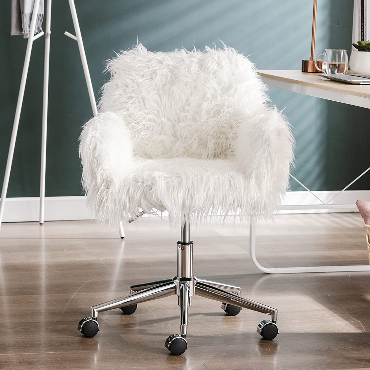 SSLine Faux Fur Vanity Chair Modern White Furry Makeup Desk Chairs for ...