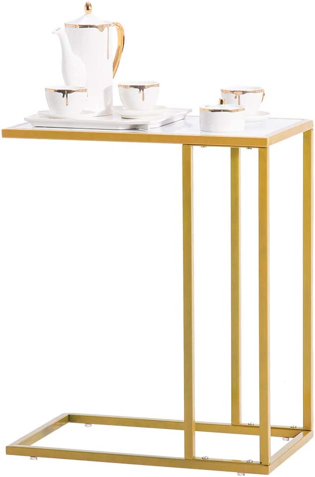 SSLine Gold Sofa Side Magazine Snack Table with White Faux Marble Top ...