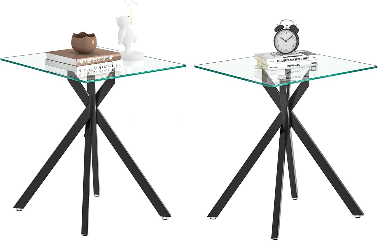 SSLine Set of 2 Square Glass End Tables with Black Metal Cross Base ...