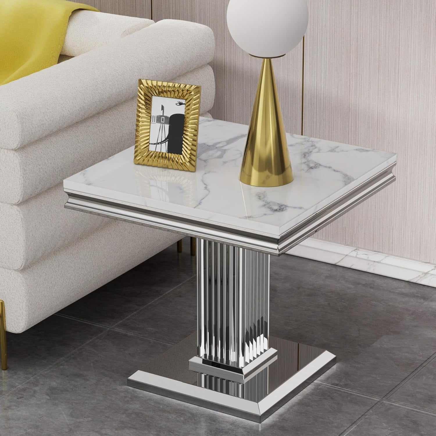 SSLine Square Faux Marble End Table for Living Room Mid-Century White ...