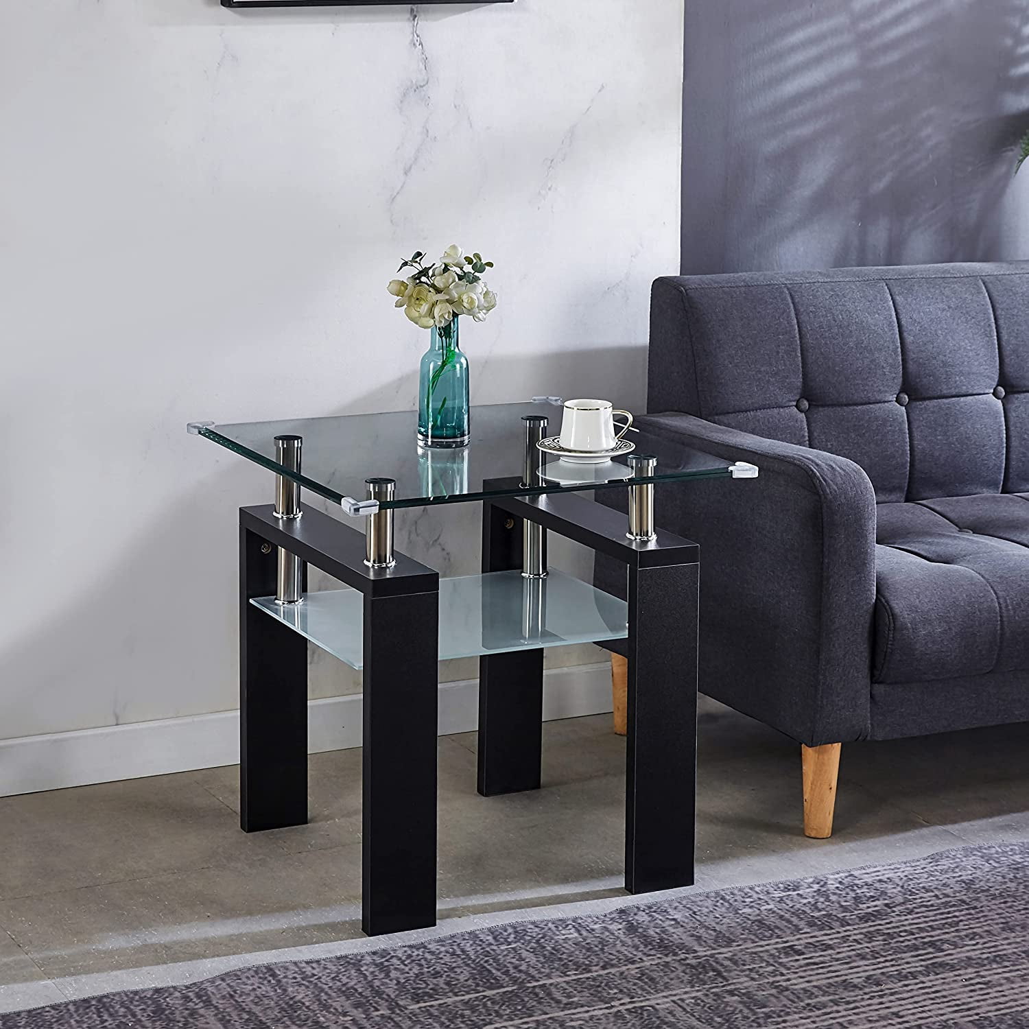 SSLine Tempered Glass End Table,Modern 2-Tier Rectangle Clear Side ...