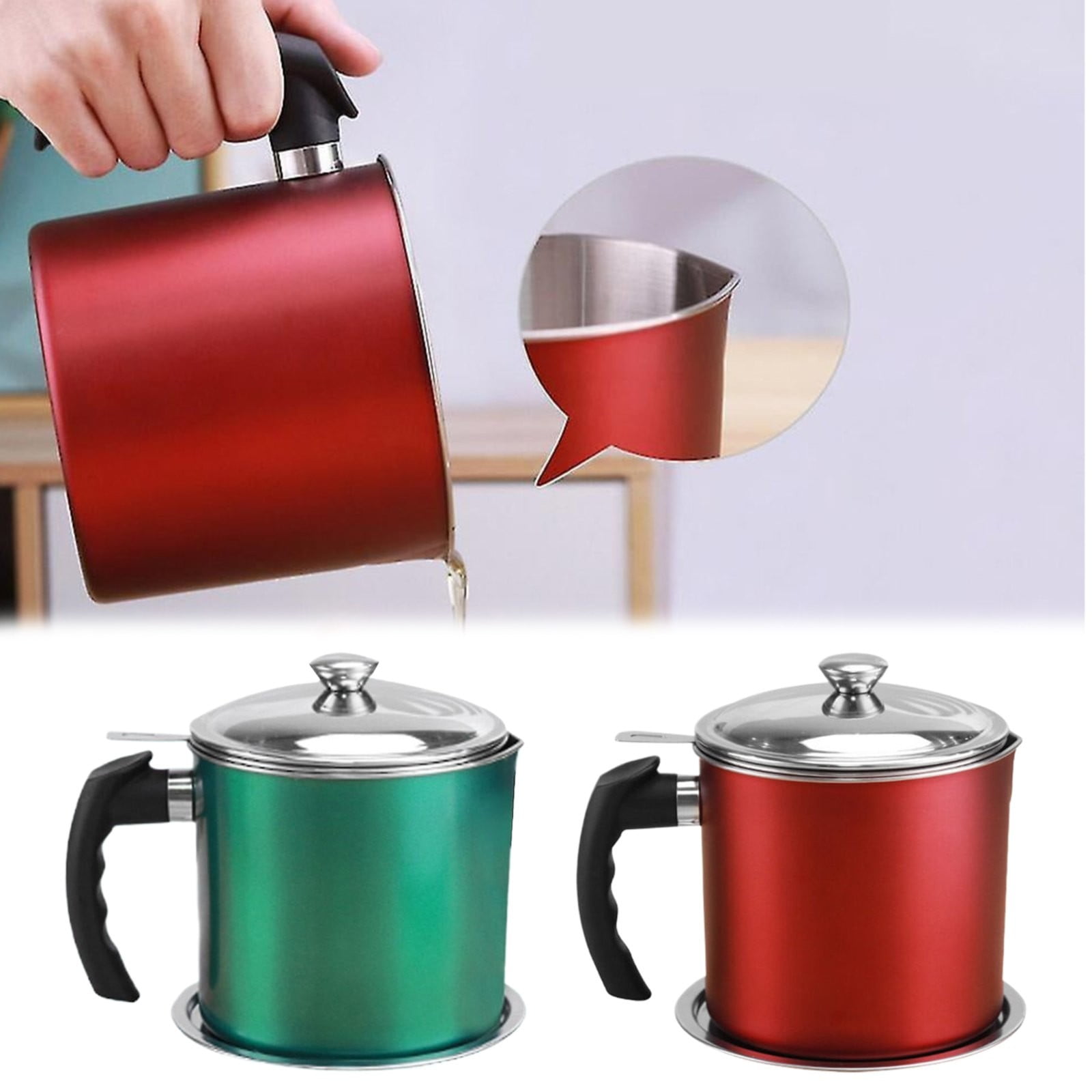 SSNTSY Container with In Oil Strainer Red Glazed Stainless Cooking Oil ...