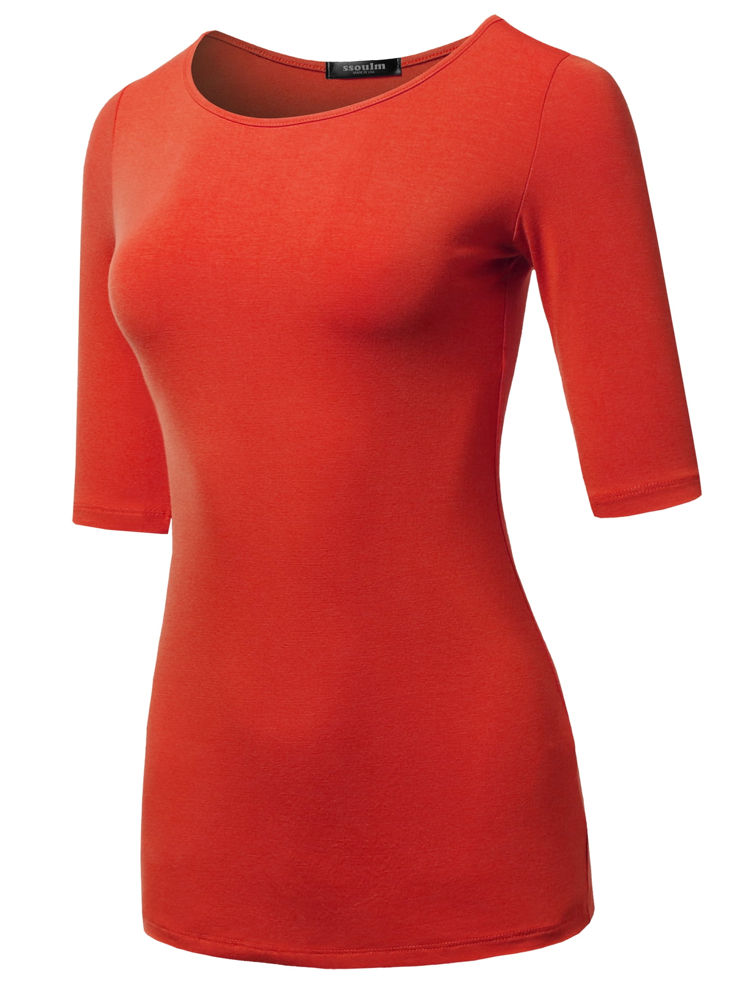 SSOULM Women's 1/2 Sleeve Silky Stretchy Crewneck Slim Fit T-Shirt Top ...