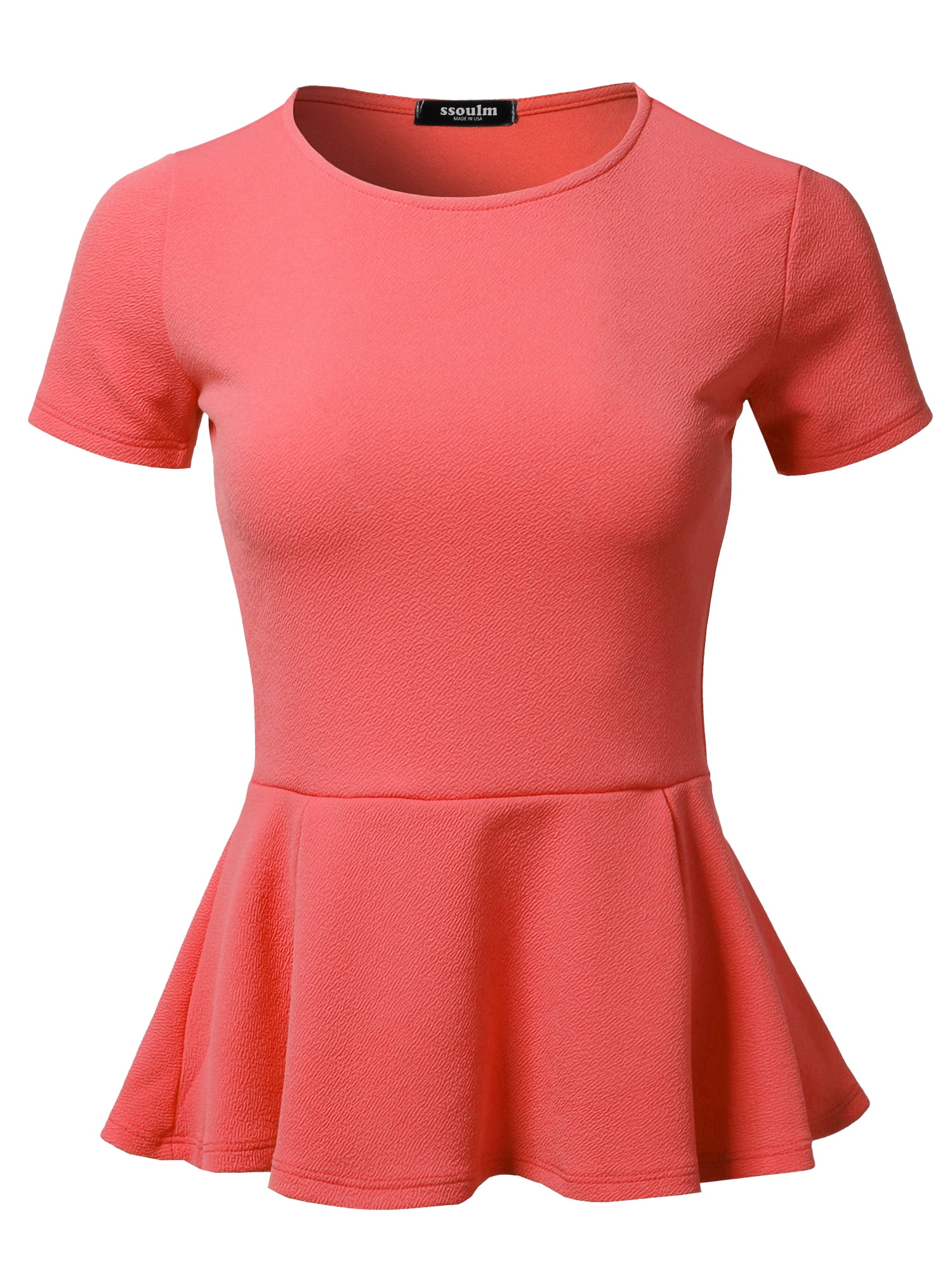 SSOULM Women's Classic Stretchy Short Sleeve Flare Peplum Blouse Top (S ...