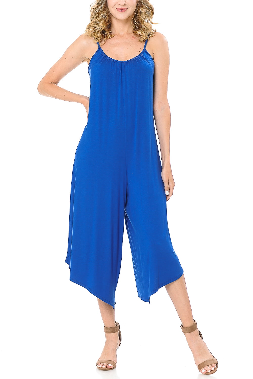 SSOULM Women's Pleated Spaghetti Strap Wide Leg Palazzo Capri Jumpsuit ...