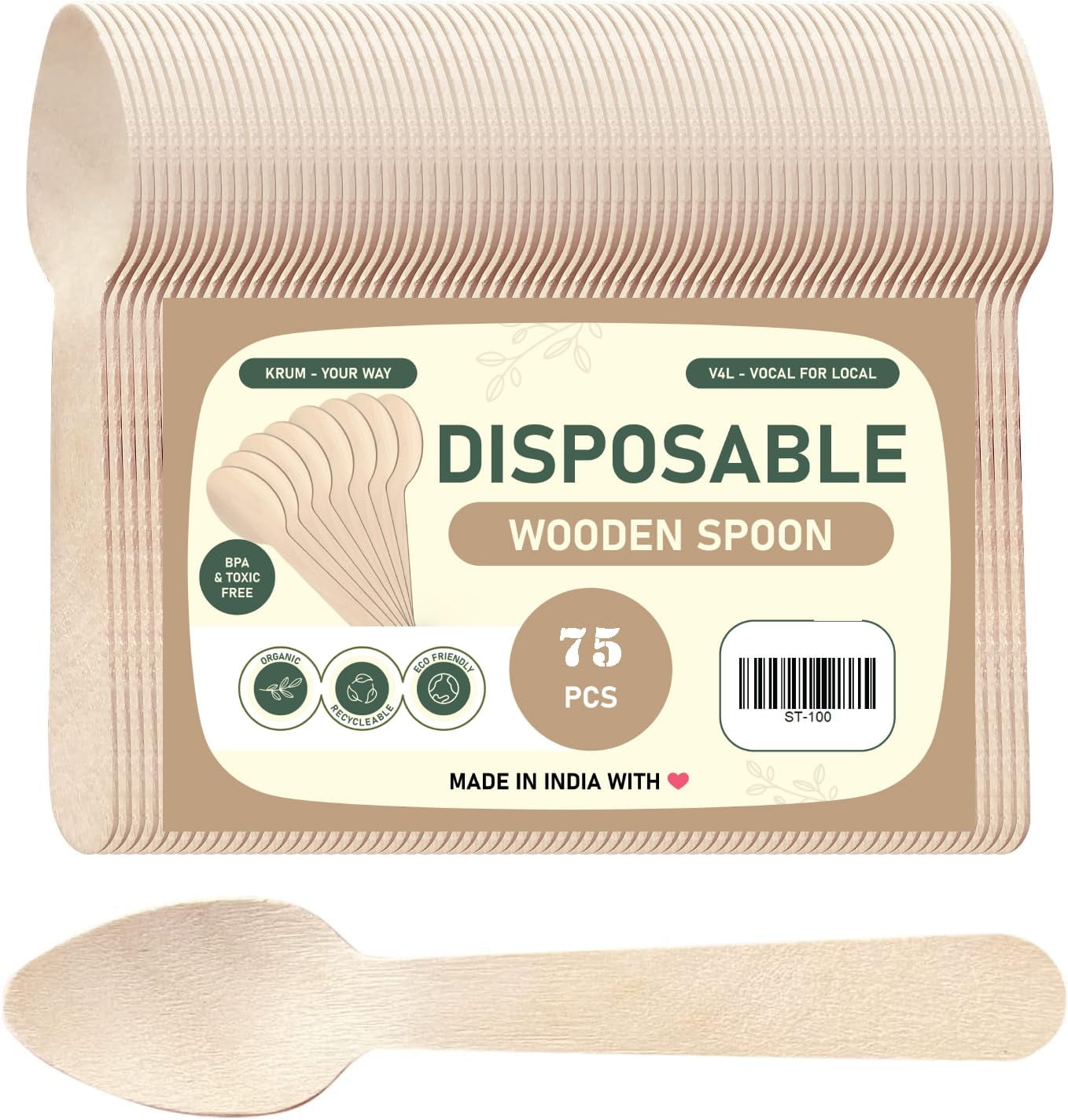 SSSG KRUM Wooden Spoons 75 Pack 160mm 63 inch Spoons Biodegradable ...