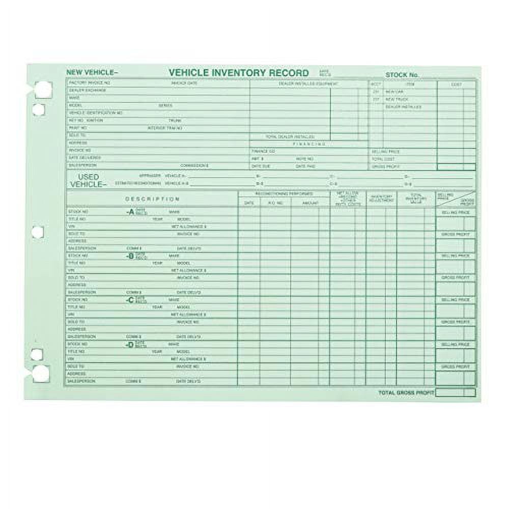 SSWBasics Vehicle Inventory Record 10 1/4W x 7 1/2H Pack of 100- Dealer ...