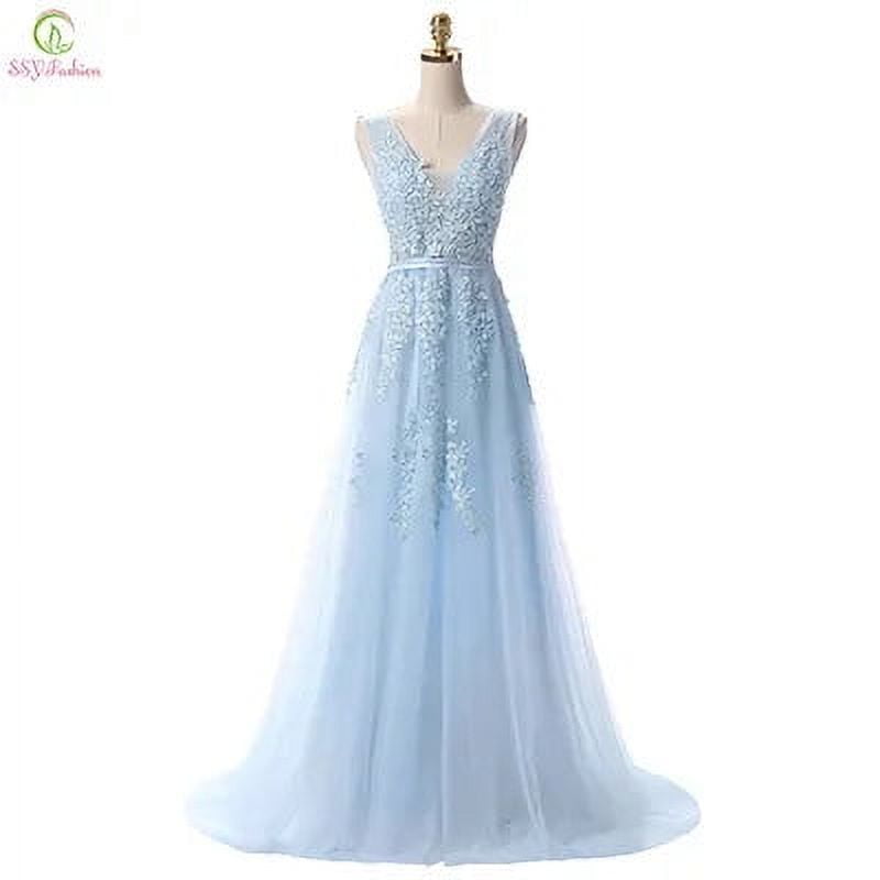 Hot Sell Sweet Light Blue Lace V-neck Lacing Long Evening Dress The ...