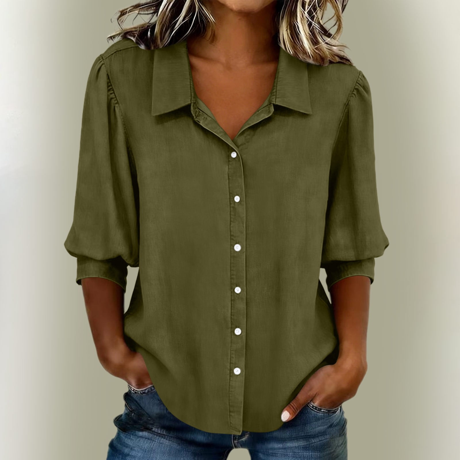 SSZMDLB Women Collared 3/4 Sleeve Blouse Button Down Casual Loose Fit ...